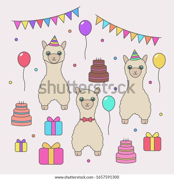 Cute Cartoon Llamas Elements Birthday Party Stock Vector (Royalty Free ...
