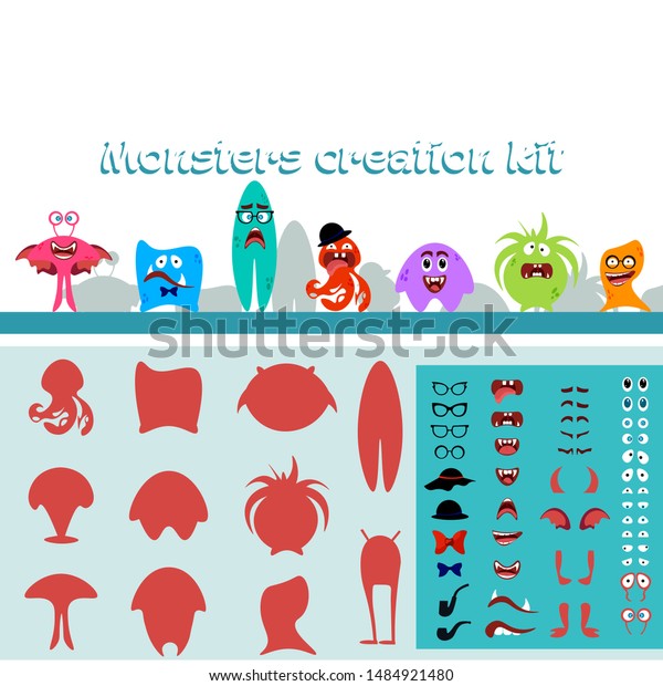 Cute Cartoon Monster Creation Kit Flat Stock Vector (Royalty Free ...