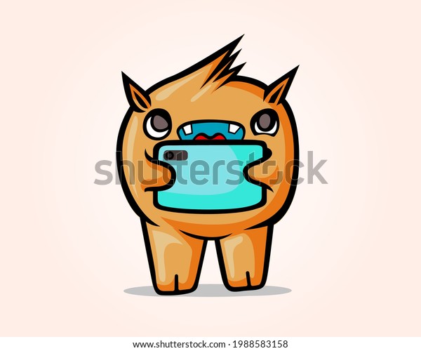 Cute Cartoon Monster Take Gadgets Mascot Stock Vector (Royalty Free ...