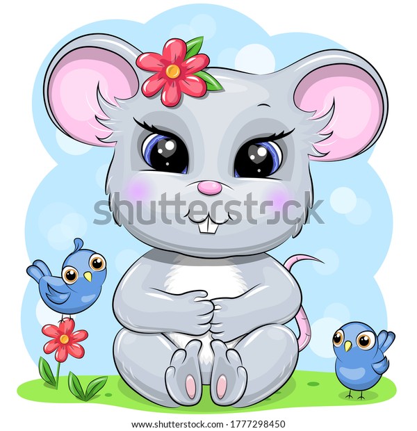 Cute Cartoon Mouse Birds Flowers Vector Stock Vector (Royalty Free ...