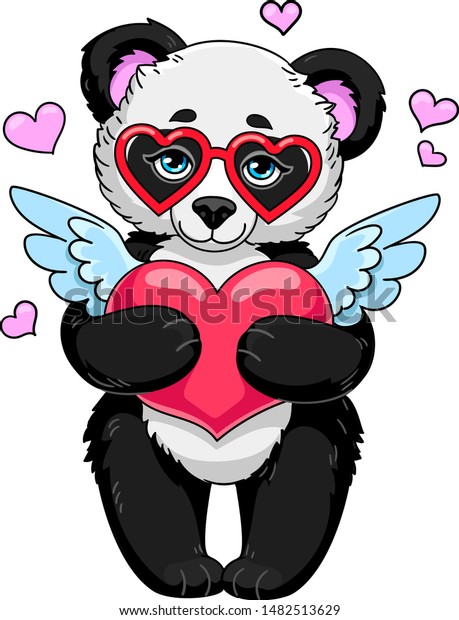 Panda de dibujos animados en gafas rojas con el corazón estilizado ...