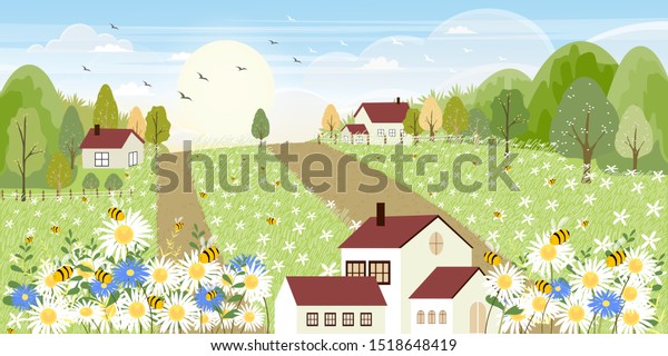 Cute Cartoon Panorama Landscape Spring Field Stock Vector (Royalty Free ...