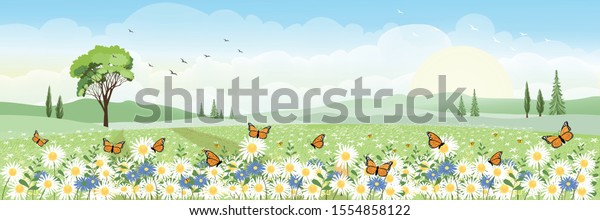 Cute Cartoon Panorama Landscape Spring Field Stock Vector (Royalty Free ...