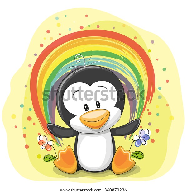 Cute Cartoon Penguin with rainbow on a yellow background