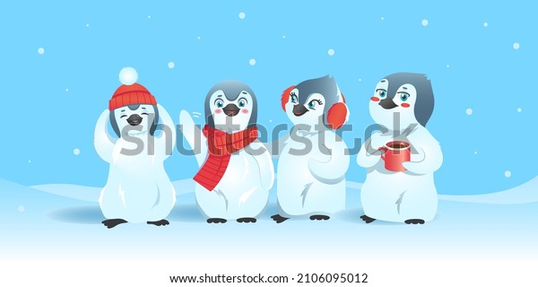Cute Cartoon Penguins Set Snow Background Stock Vector (Royalty Free ...