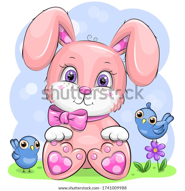 Cute cartoon pink rabbit with pink bow is sitting on the grass with ...