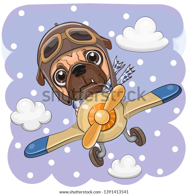 Cute Cartoon Pug dog is flying on a plane