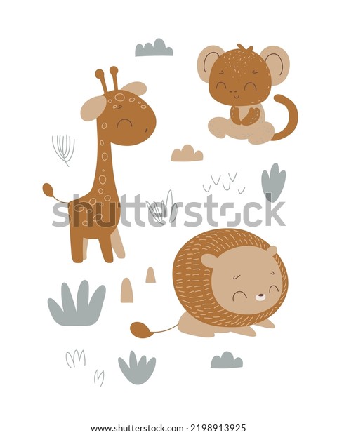 Cute Cartoon Safari Animals Vector Print Stock Vector (Royalty Free ...