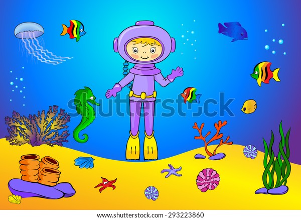 Cute Cartoon Scuba Diver Fish Under Stock Vector (Royalty Free ...