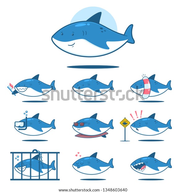 Cute Cartoon Shark Different Emotions Funny Stock Vector (Royalty Free ...