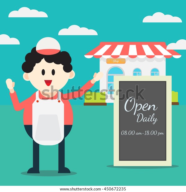 Cute Cartoon Shopkeeper Character Front Shop Stock Vector (Royalty Free ...