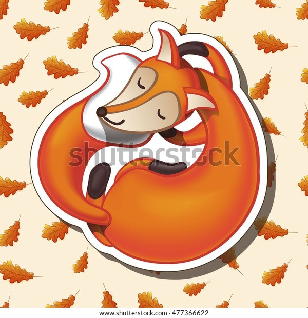 Cute Cartoon Sleeping Fox On Oak Stock Vector (Royalty Free) 477366622 ...