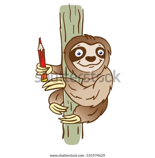 Cute Cartoon Sloth Hanging On Tree Stock Vector (Royalty Free ...