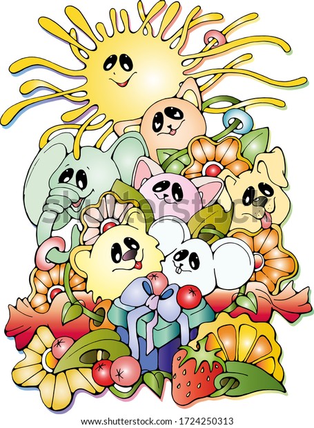 Cute Cartoon Smiling Animals Presents Happy Stock Vector (Royalty Free ...