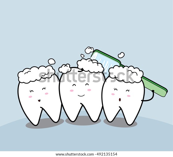 Vektor Stok Cute Cartoon Smiling Tooth Brushing Teeth (Tanpa Royalti ...