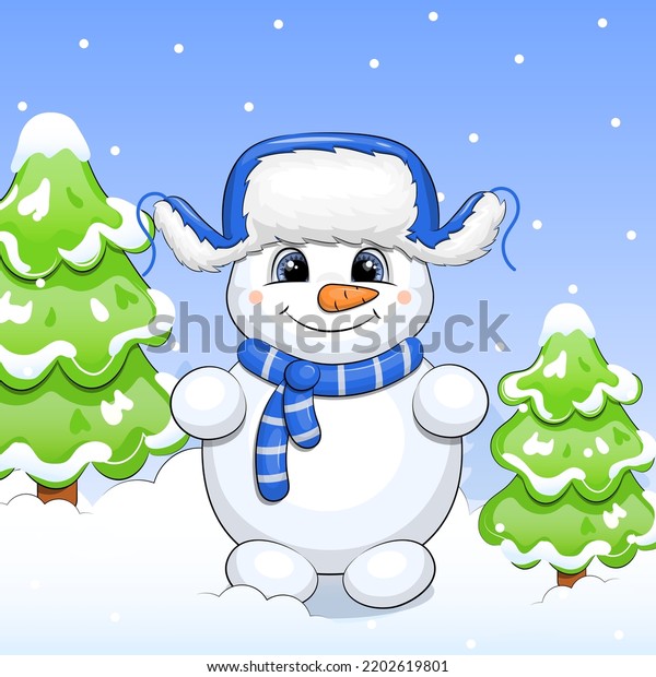 Cute Cartoon Snowman Blue Winter Hat Stock Vector (Royalty Free ...