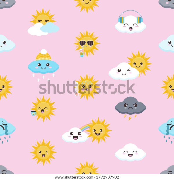 Cute cartoon sun and cloud, weather emoji with various faces, kind ...