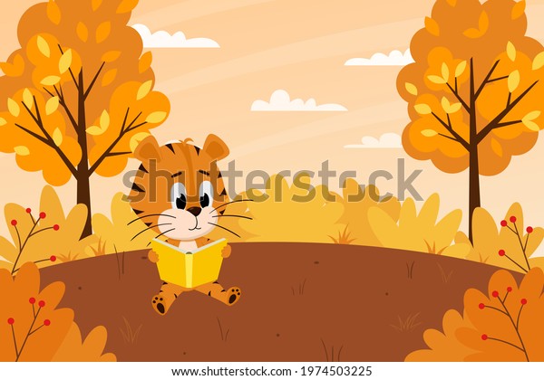 Cute Cartoon Tiger Sitting Under Tree Stock Vector (Royalty Free ...