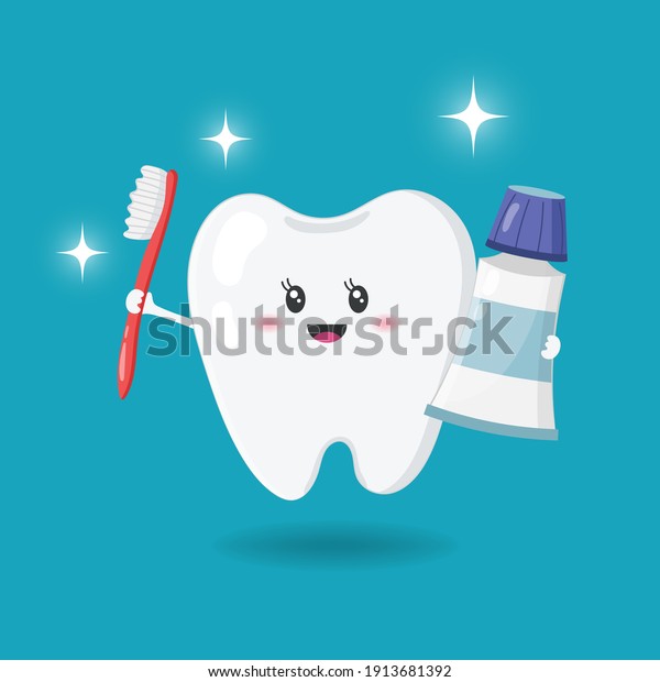 Cute Cartoon Tooth Toothbrush Toothpaste Vector Stock Vector (Royalty ...