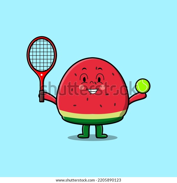 Cute Cartoon Watermelon Character Playing Tennis Stock Vector (Royalty ...
