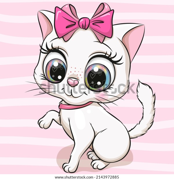 Cute Cartoon White Kitten Pink Bow Stok Vektör (Telifsiz) 2143972885 ...