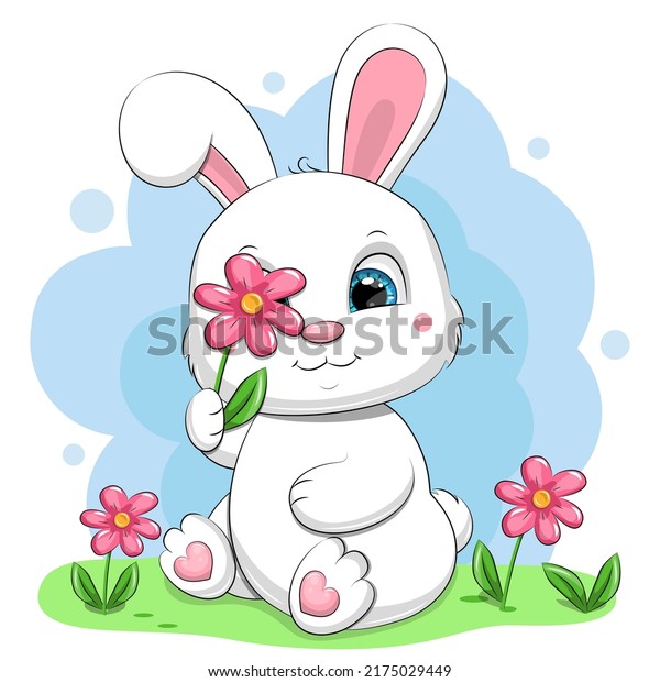 Cute Cartoon White Rabbit Flowers Vector: เวกเตอร์สต็อก (ปลอดค่า ...