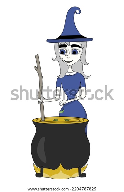 Cute Cartoon Witch Brewing Potion Cauldron Stock Vector (Royalty Free ...