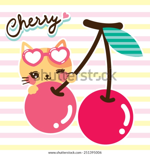 Cute Cat Cartoon Cherry On Striped Stock Vector (Royalty Free) 251395006