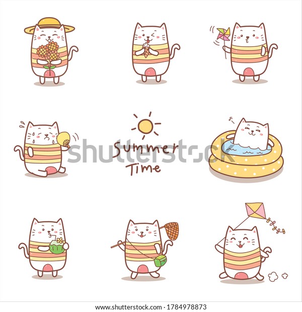 Cute Cat Cartoon Hand Drawn Summer Stock Vector (Royalty Free ...