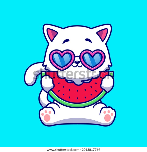 Cute Cat Eating Watermelon Fruit Cartoon Stock Vector (Royalty Free ...