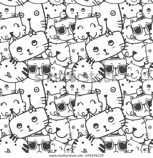 Cute Cat Face Doodle Seamless Pattern Stock Vector (Royalty Free ...