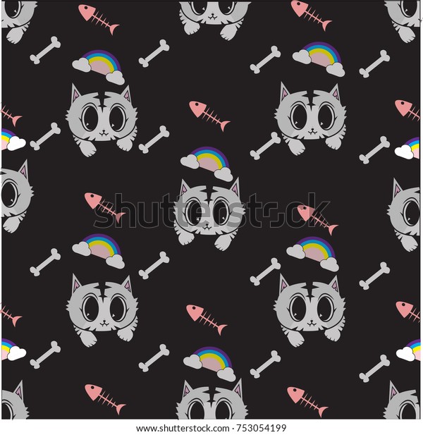 Cute Cat Fishbone Bone Rainbow Black Stock Vector (Royalty Free ...