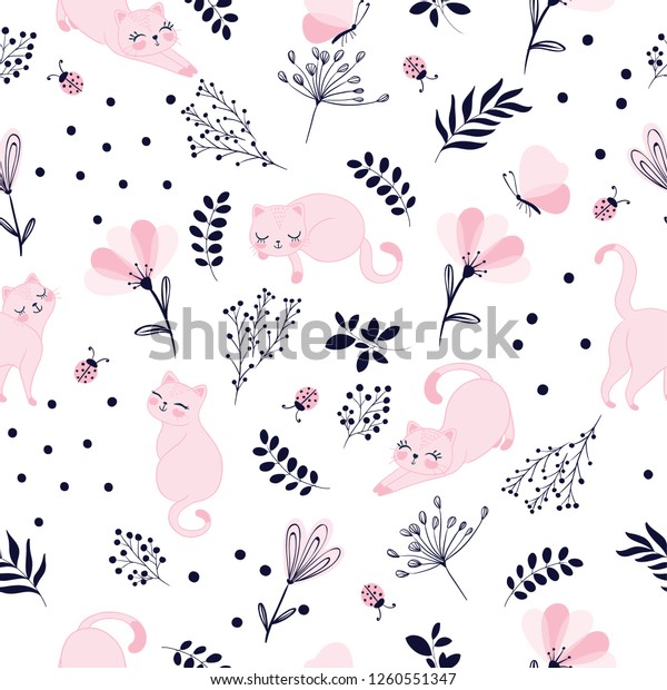 Cute Cat Flowers Pattern Design Kids Stock Vector (Royalty Free ...