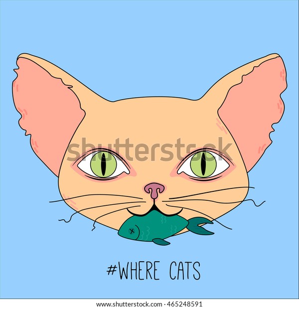 Cute Cat Head Green Eyes Fish Stock Vector (Royalty Free) 465248591 ...