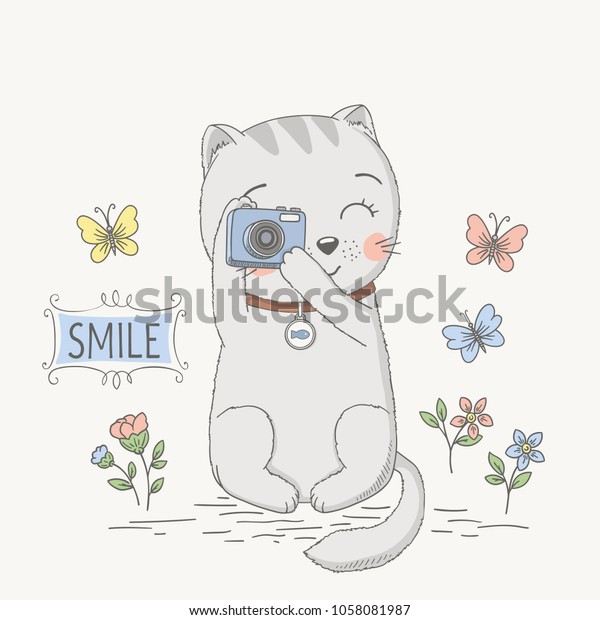Cute Cat Photographer Camera Hand Drawning Stock Vector (Royalty Free ...