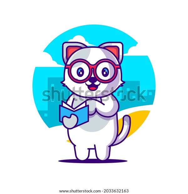 Cute Cat Reading Book Cartoon Illustration Stock Vector (Royalty Free ...