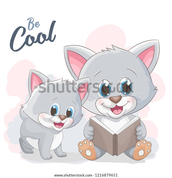 Cute Cat Reading Book Illustration Stock Vector (Royalty Free ...