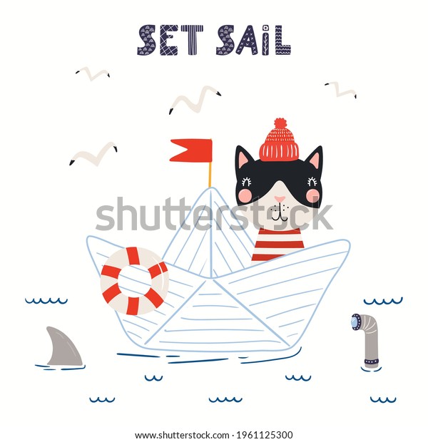 Cute Cat Sailor On Paper Boat Stok Vektör (Telifsiz) 1961125300 ...