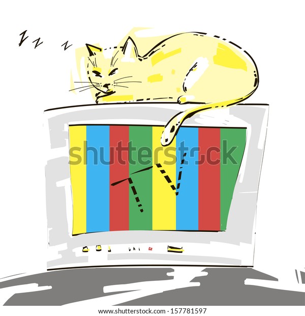 Cute Cat Sleeping On Tv Vector Stock Vector (Royalty Free) 157781597 ...