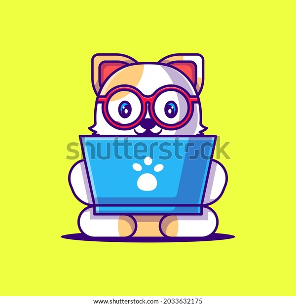 Cute Cat Working Laptop Cartoon Illustration Stock Vector (Royalty Free ...