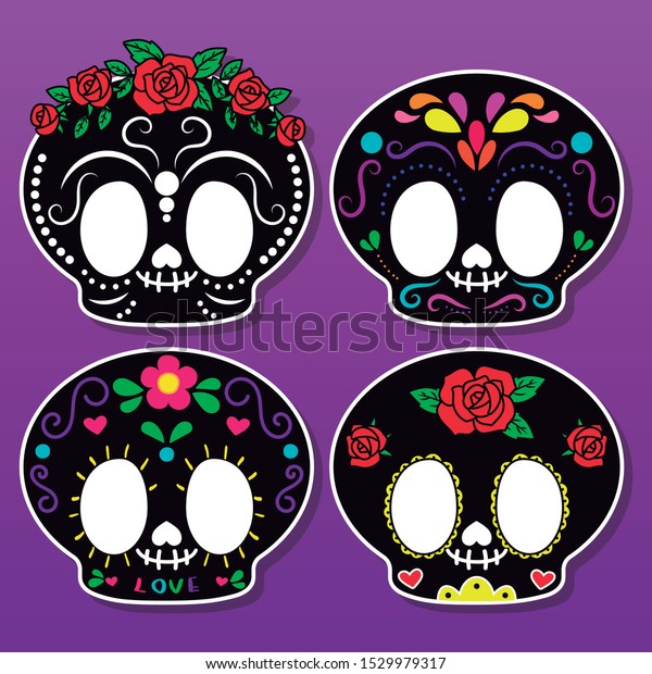 Cute Catrinas Black Icon Set Vector Stock Vector (Royalty Free ...