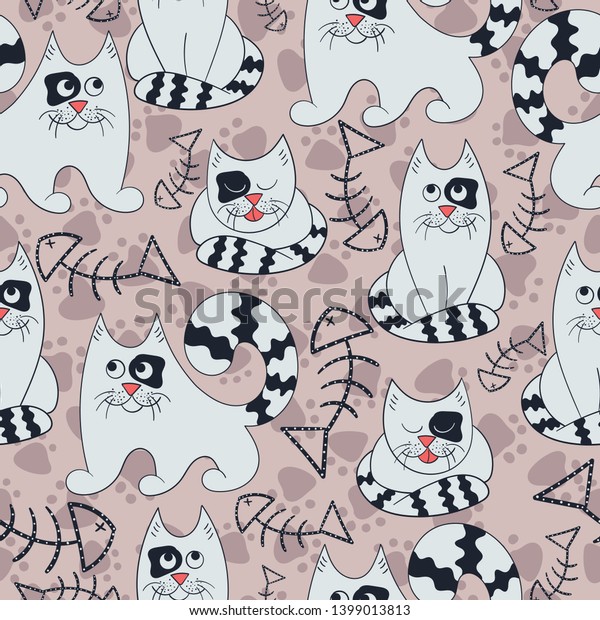 Cute Cats Fish Bones Hand Drawn: vector de stock (libre de regalías ...