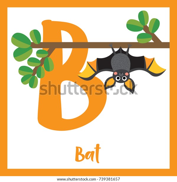 Cute children ABC alphabet B letter flashcard of Bat roosting branch ...