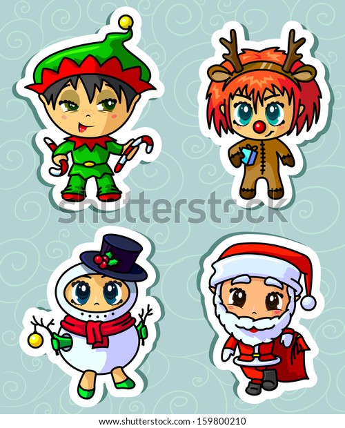 Cute Christmas Characters Stickers Set Stock Vector (Royalty Free ...