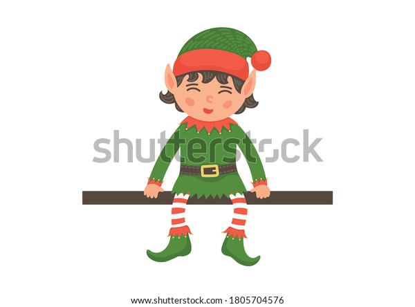 Cute Christmas Elf Sitting On Shelf 库存矢量图（免版税）1805704576 | Shutterstock