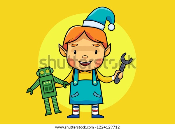 Cute Christmas Elf Tinkering Robot Toy Stock Vector (Royalty Free ...
