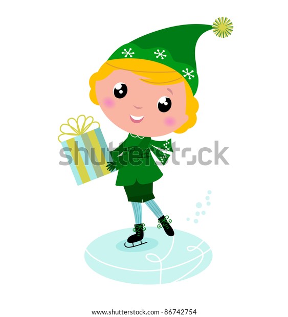 Cute Christmas Ice Skating Elf Gift Stock Vector (Royalty Free) 86742754