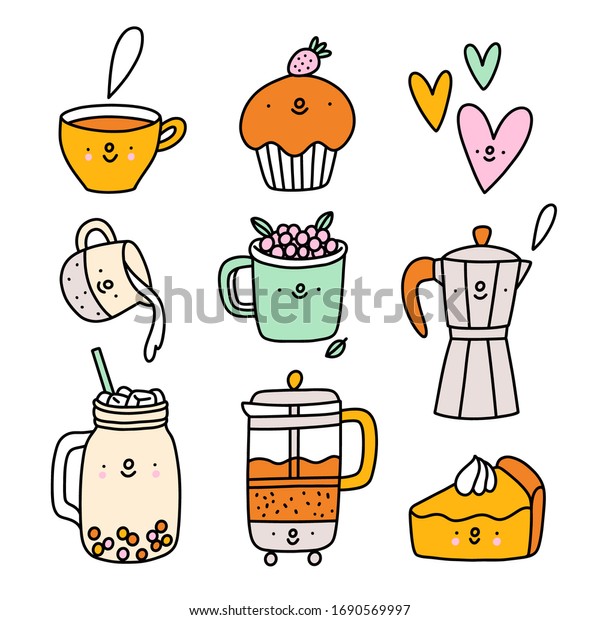 Cute Coffee Tea Cartoon Characters Vector Stock Vector (Royalty Free ...