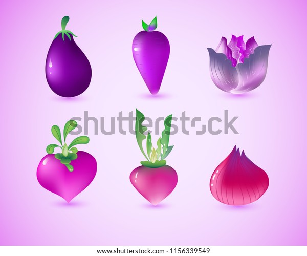 Cute Collection Purple Vegetable Cartoon Characters Stock Vector ...