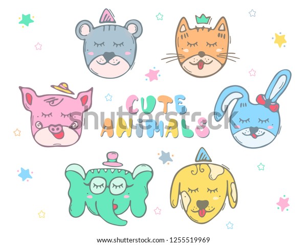 Cute Color Animals Set Outline Color Stock Vector (Royalty Free ...